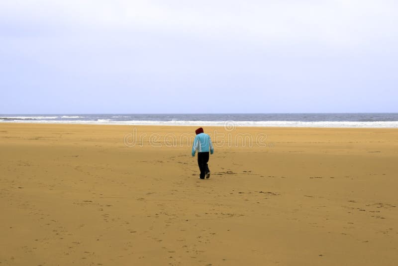 Lone Girl Walking a Beach Against the Cold Wind Stock Image - Image of ...