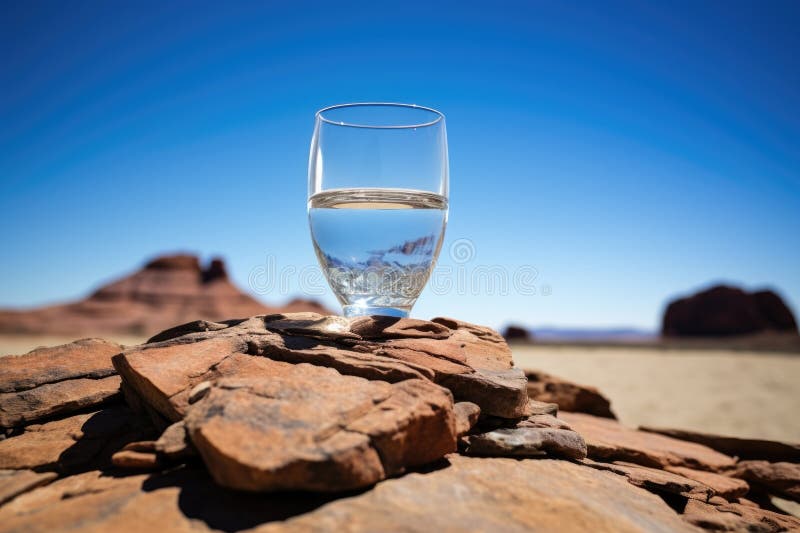A Lone Glass of Water on a Desert Rock with a Clear, Blue Sky Stock ...