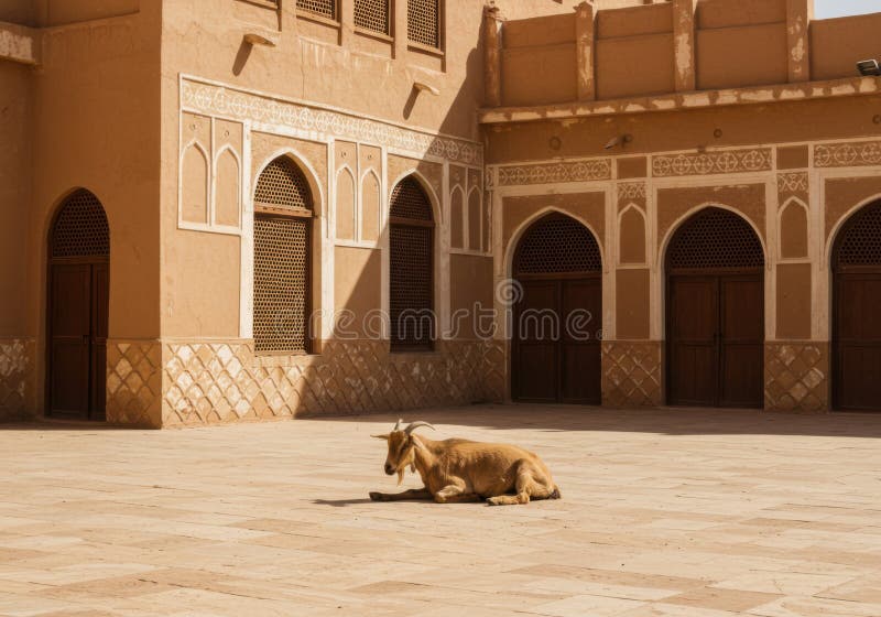 A Lone Goat Rests Peacefully in the Courtyard of a Traditional Mud ...