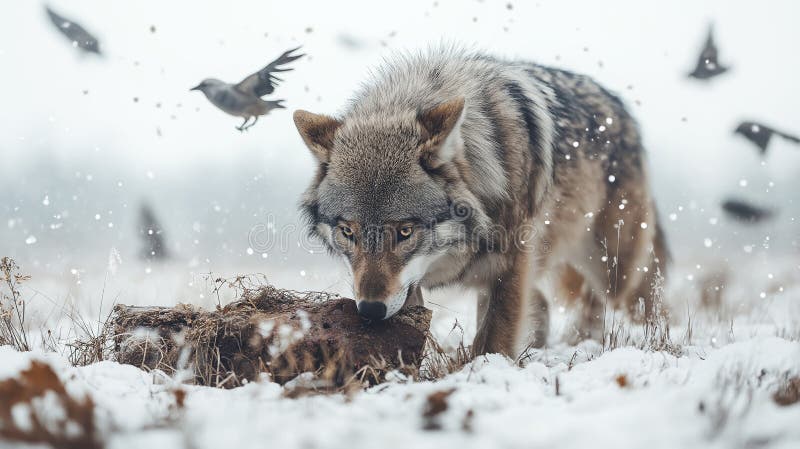 Majestic Gray Wolf in Snowy Forest with Crows Flying Around, Wildlife ...