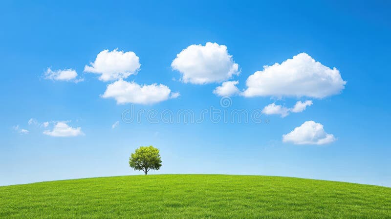 Lone Green Tree on a Hill: Bright Blue Sky with Cumulus Clouds, Perfect ...