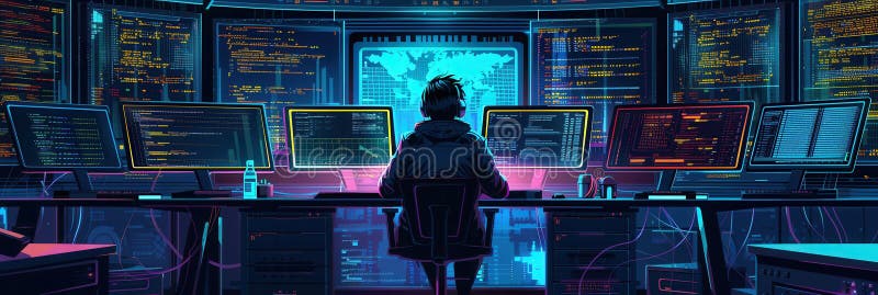 A Lone Hacker Focuses Intently on Multiple Computer Screens in a Dimly Lit Room, Engaged in ...