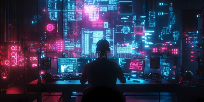 A Lone Hacker Sits before Multiple Screens Displaying Vibrant Pink and ...
