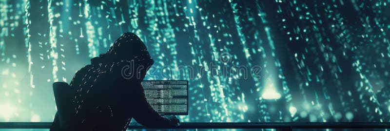 A Lone Hacker Types on a Computer, Illuminated by a Screen Filled with ...