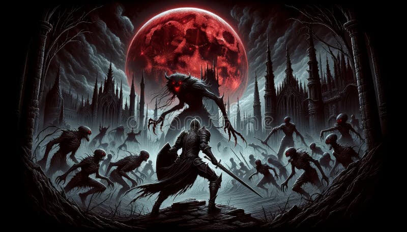 Dark Fantasy Artwork with Hero and Monsters Amidst a Gothic Battle ...