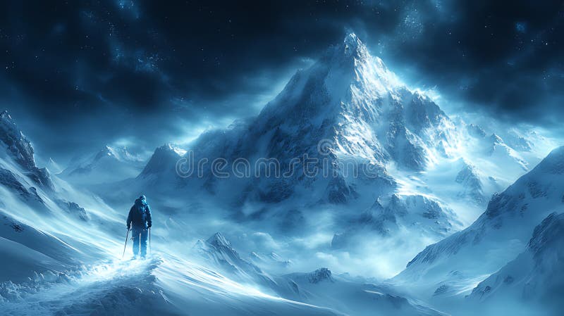 Lone Hiker Ascends Snowy Peak, Nighttime, Starry Sky, Adventure Stock ...