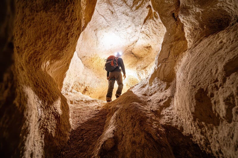 A Lone Hiker Navigating a Narrow, Winding Cave Passage Illuminated by a ...