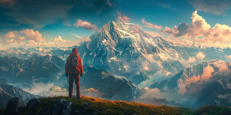 Lone Hiker Standing in Front of a Panorama in the Mountains. Stock ...