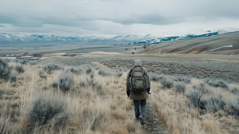 A Lone Hiker Walks a Path through a Snow-covered Landscape with a Large Backpack Stock Image ...