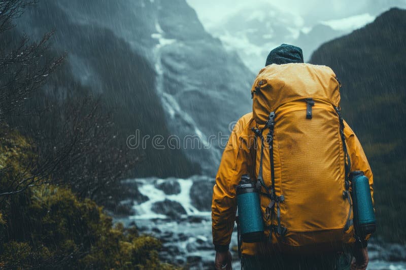 A Lone Hiker with a Yellow Backpack Walks through a Rainy Mountain Pass ...