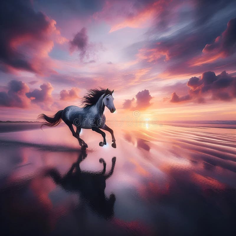 A Lone Horse Galloping Across a Reflective Beach with a Breathtaking ...