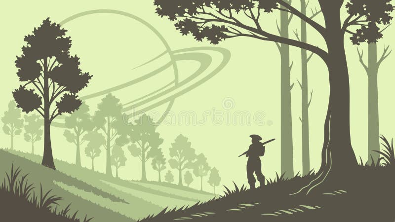 Lone Hunter Stands Ready in a Dense, Green Forest. Vector Design ...