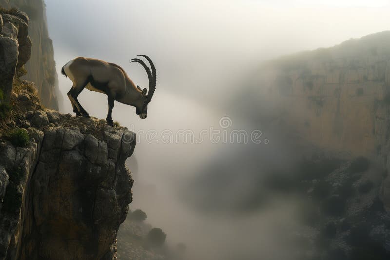 Lone Ibex on Cliff Overlooking a Misty Valley Below Stock Photo - Image ...