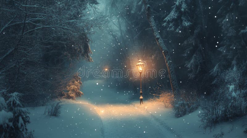 A Lone Lamppost Illuminates a Snow-covered Path in a Dark Forest Stock ...