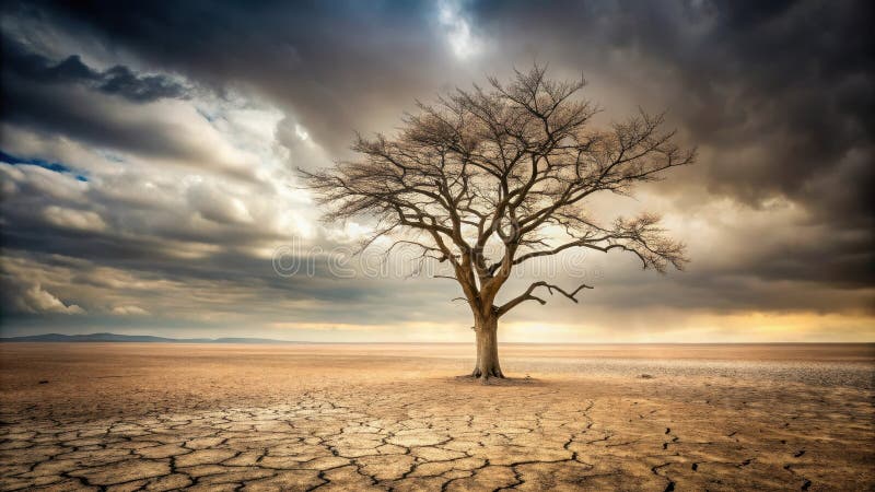 A Lone, Leafless Tree Stands Resiliently in a Desolate, Cracked Earth ...
