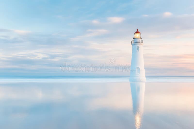 Lone Lighthouse Standing in Calm Ocean Mist Under Soft Pastel Sky at ...