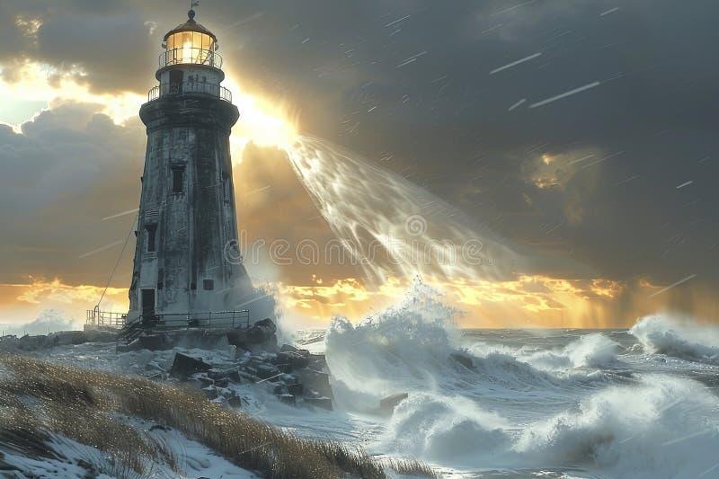 Lone Lighthouse Stands Sentinel Against the Crashing Waves Illustration Generative AI Stock ...