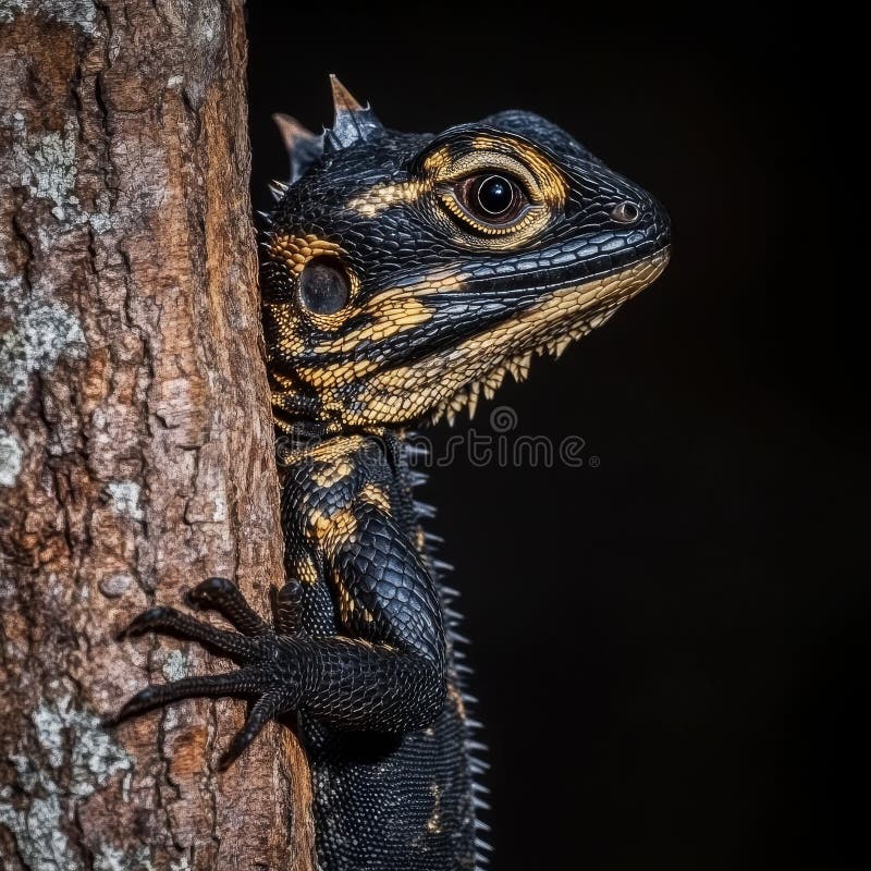 A Lone Lizard Sits Atop a Rock, Illuminated by Dramatic Low-key ...