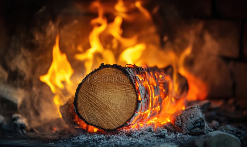A Lone Log Engulfed in Flames on the Ground, Closeup Stock Image ...