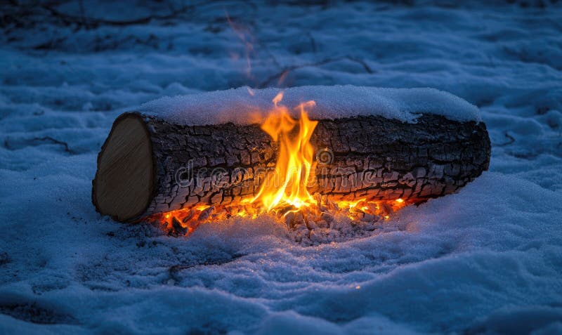 A Lone Log Engulfed in Flames on the Snow, Closeup Stock Photo - Image ...