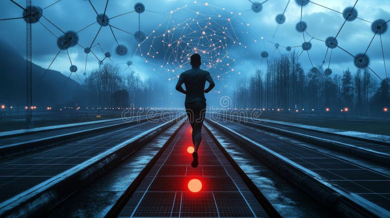 Lone Man Running on Futuristic Track, Illuminated Nodes, Digital ...