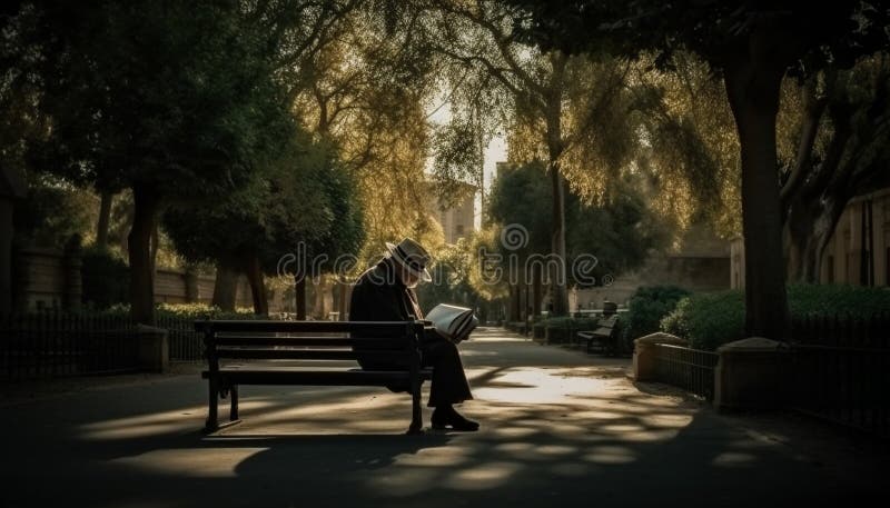 A Lone Man Sits on a Bench, Reading in Solitude Generated by AI Stock ...