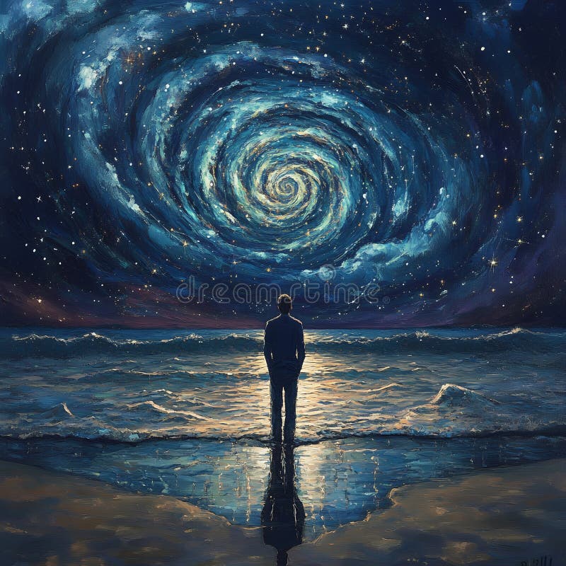 A Lone Man Stands on the Shore of an Endless, Reflective Ocean Under a ...