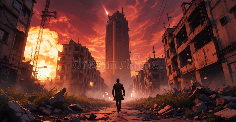Lone Man Walking through Destroyed City after Apocalyptic Event Stock ...