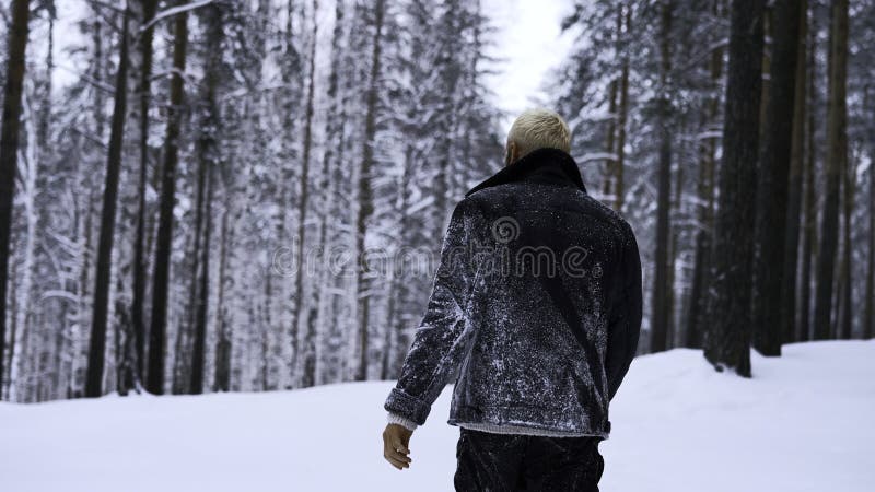Lone Man Walking through Snow. Media. Young Guy with Snow on His Jacket ...