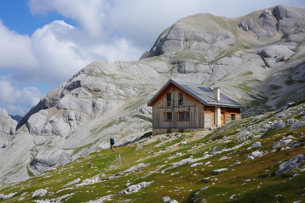 Lone Mountain House with a Hiker Approaching Stock Image - Image of ...