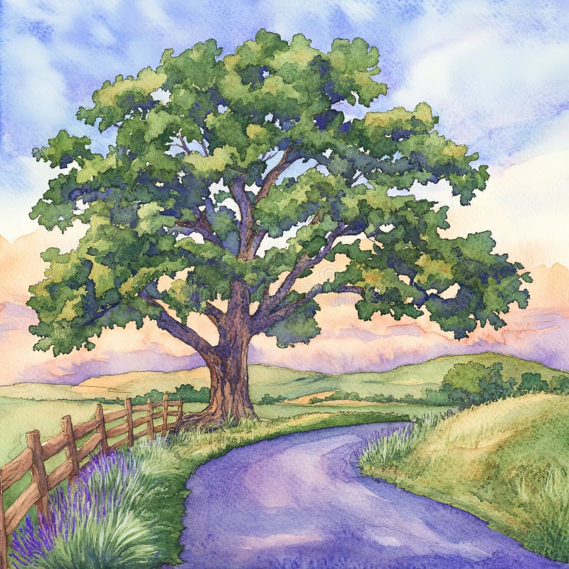 A Lone Oak Tree with Leaf-laden Branches Stands beside a Dirt Path ...