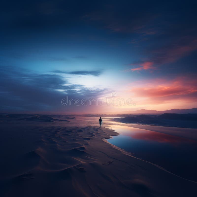 A Lone Person Standing in the Sand at Sunset Stock Illustration ...