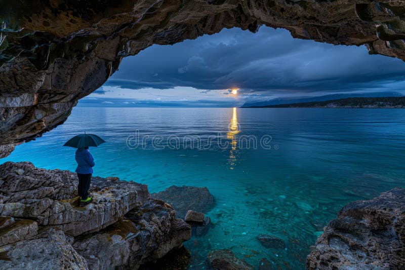Lone Person with Umbrella Sheltering in Sea Cave during Dramatic Ocean ...
