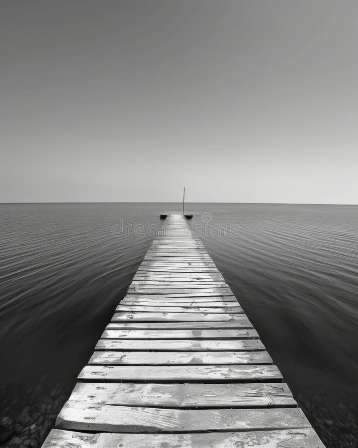 A Lone Pier Extending into an Empty Expanse of Deep Blue Water. Black ...