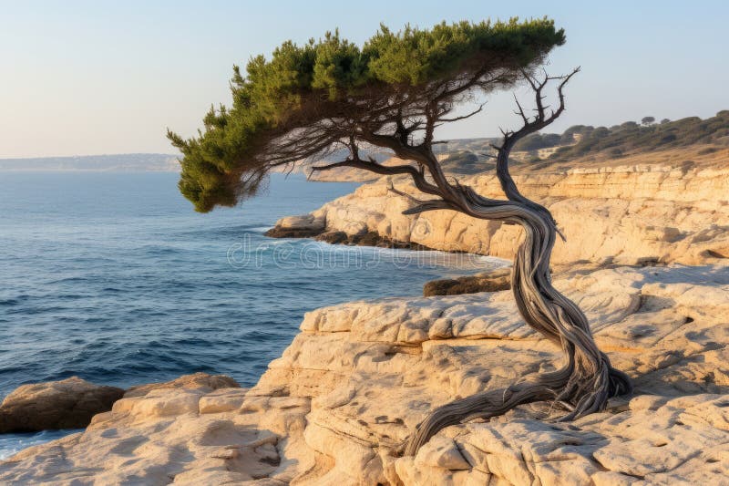 A Lone Pine Tree on the Edge of a Cliff Overlooking the Ocean Stock ...