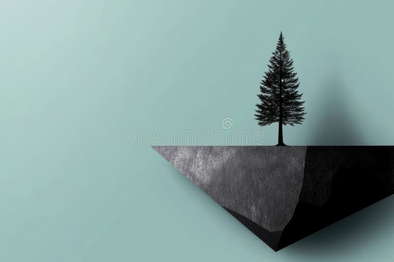 Lone Pine Tree on Geometric Cliff Against Minimalist Teal Background ...