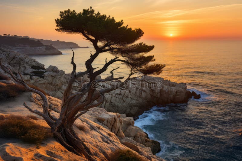 A Lone Pine Tree on a Rocky Cliff Overlooking the Ocean at Sunset Stock ...