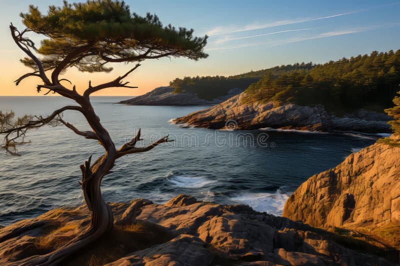 A Lone Pine Tree on a Rocky Cliff Overlooking the Ocean at Sunset Stock Illustration ...