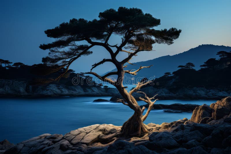 A Lone Pine Tree on a Rocky Shoreline at Dusk Stock Illustration - Illustration of rocky, dawn ...