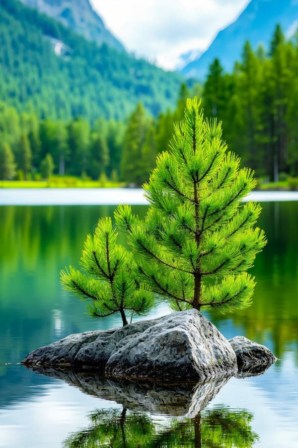 A Lone Pine Tree Sitting on a Rock in the Middle of a Lake Stock Photo ...
