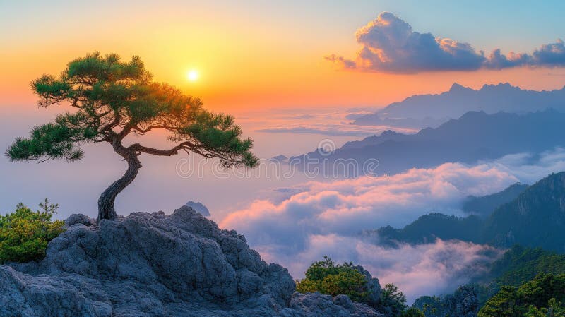 Lone Pine Tree Standing on a Cliff Edge Overlooking a Mountain Valley ...