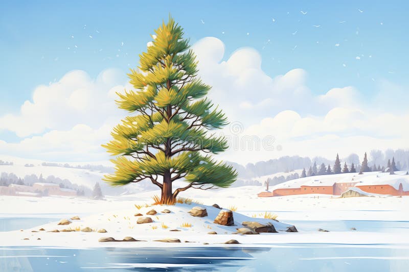 A Lone Pine Tree Standing Near a Partially Frozen, Snow-edged River ...