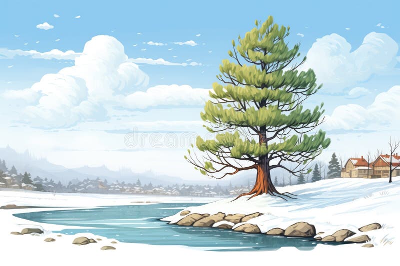 A Lone Pine Tree Standing Near a Partially Frozen, Snow-edged River ...