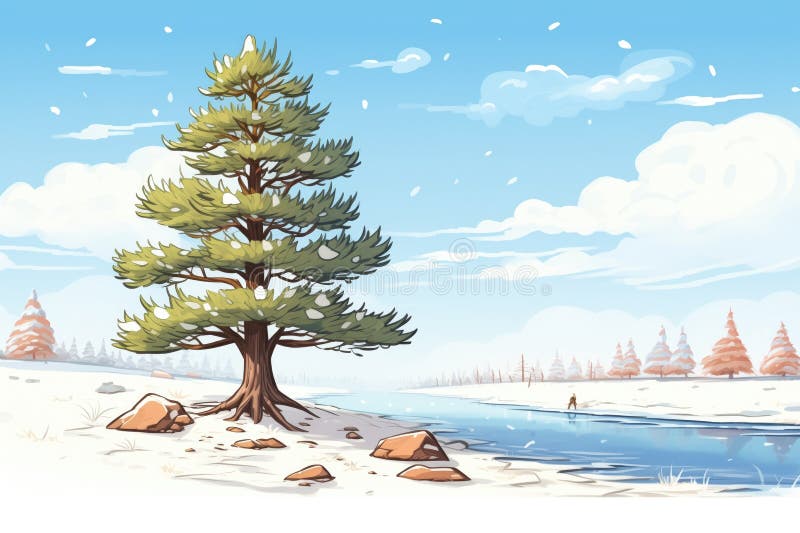 A Lone Pine Tree Standing Near a Partially Frozen, Snow-edged River ...