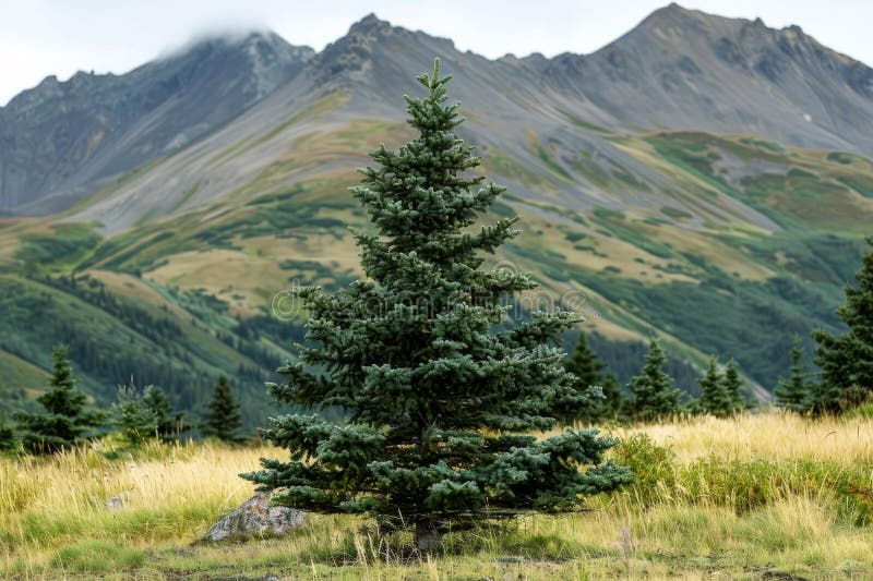 Lone Pine Tree Standing Tall in Mountain Meadow Stock Illustration ...