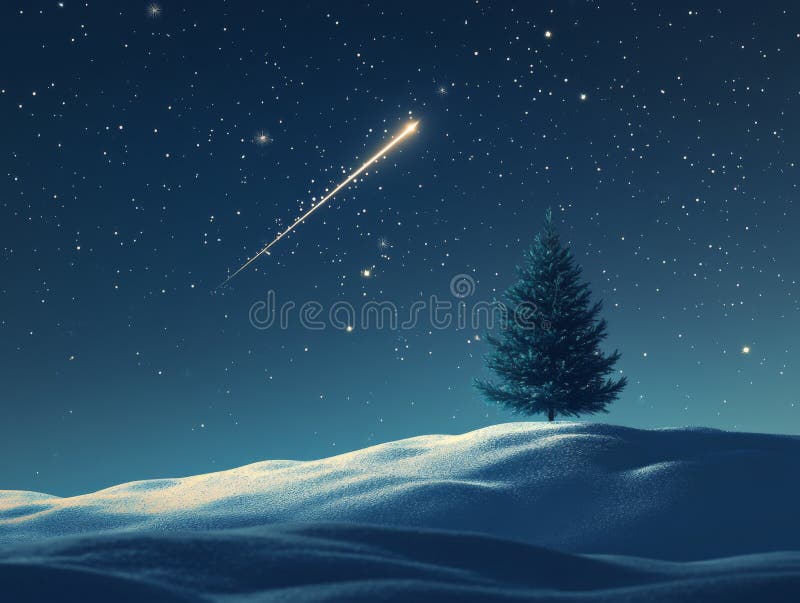 A Lone Pine Tree Stands on a Snowy Hill Under a Starry Night Sky with a ...