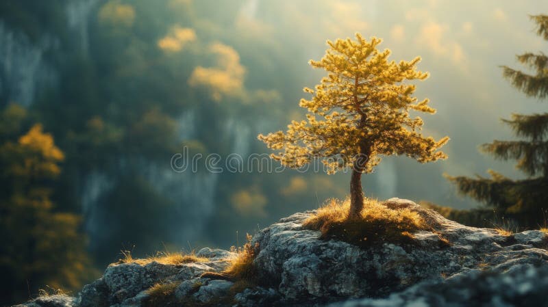 Lone Pine Tree Stands Tall on Rocky Mountain Peak Stock Illustration ...