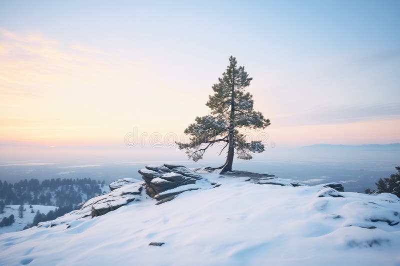 A Lone Pine Tree Summit with a Snowy Backdrop at Dawn Stock Image ...