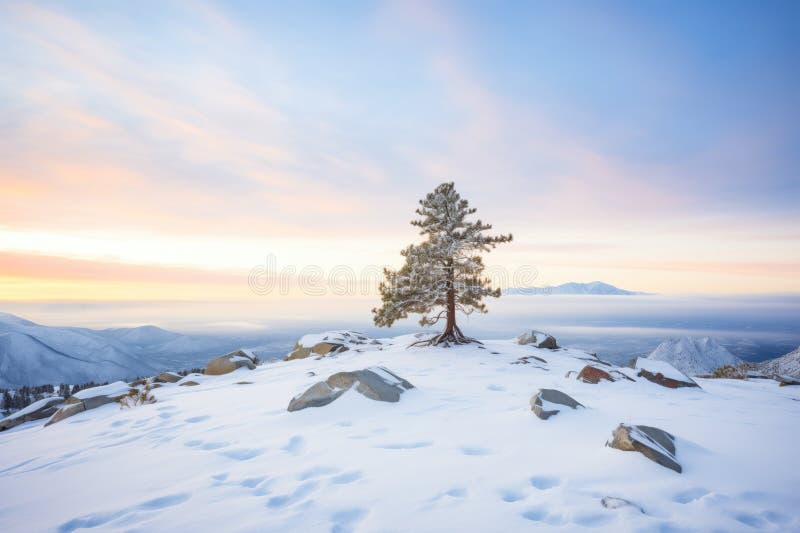 A Lone Pine Tree Summit with a Snowy Backdrop at Dawn Stock Photo ...
