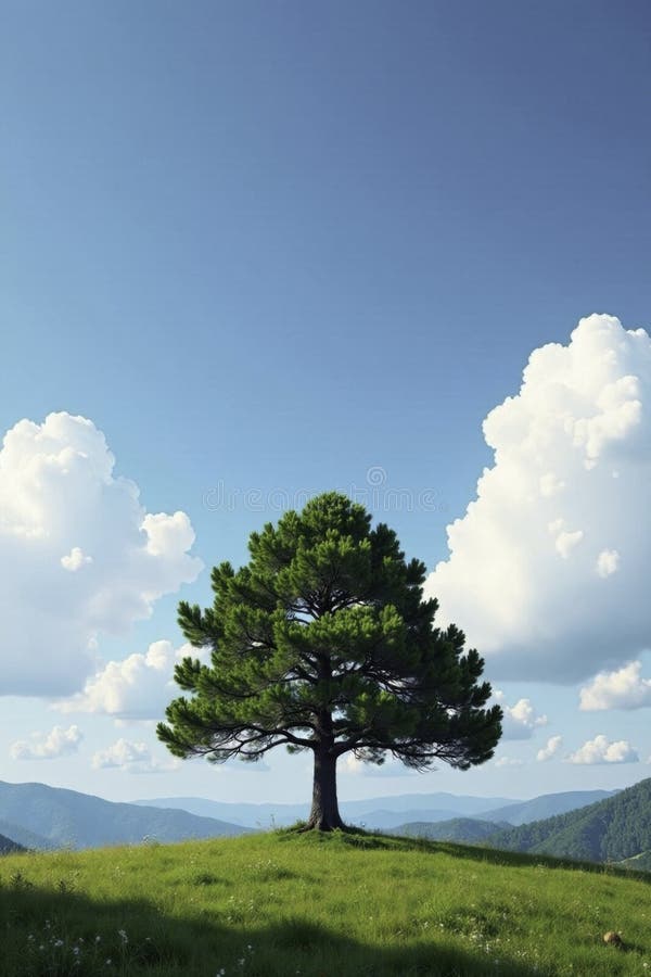 Lone Pine Trees Under a Clear Blue Sky with Fluffy White Clouds ...